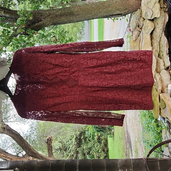 Tobi | Dresses | Sexy Tobi Purple Deep V Scalloped Lace Dress Red Large ...